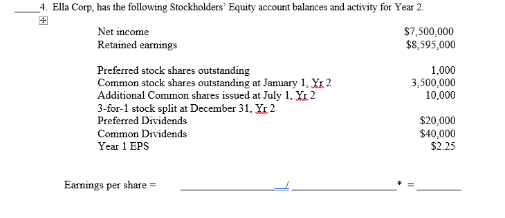 Solved 4. Ella Corp, has the following Stockholders' Equity | Chegg.com