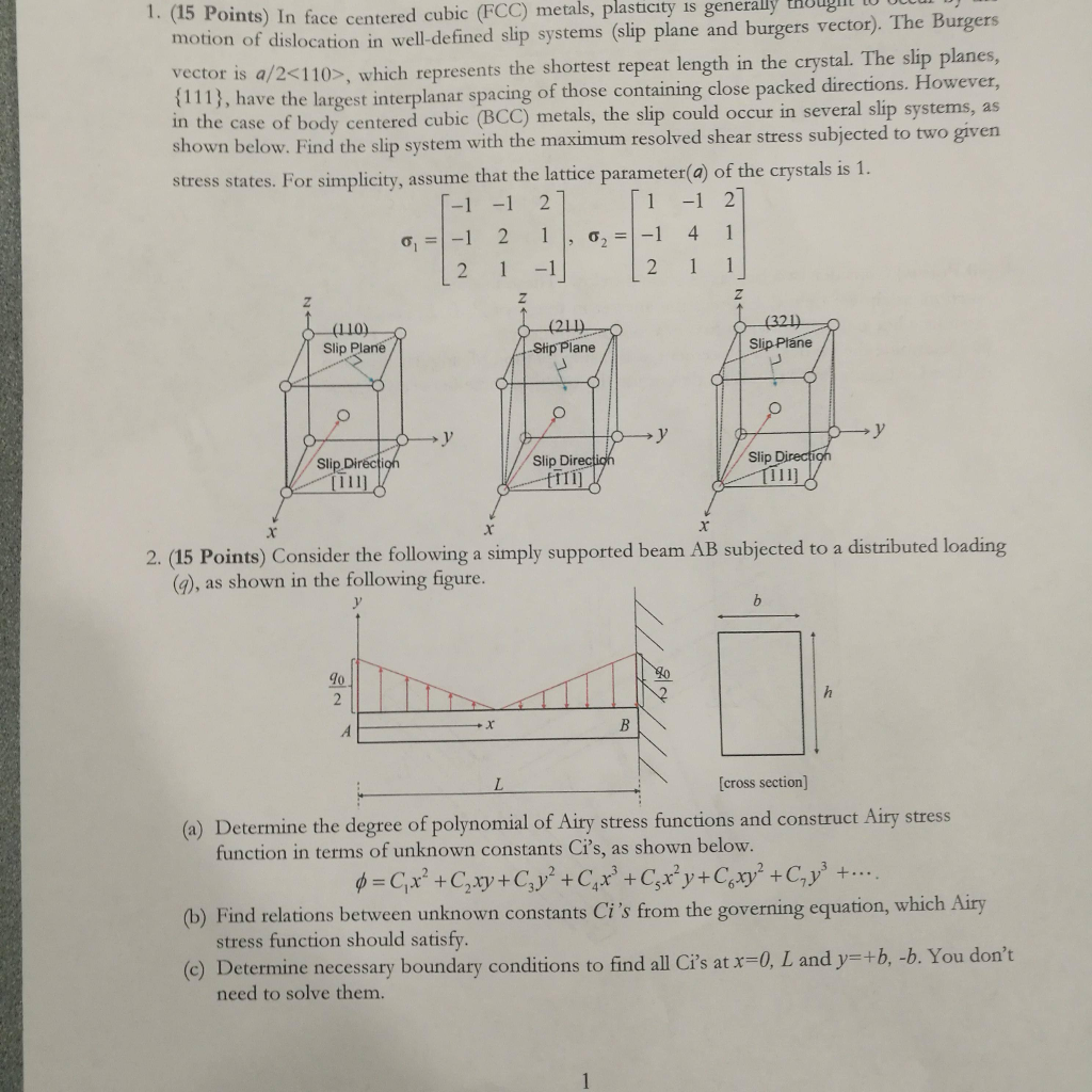 Solved 15 Points) In face centered cubic (FCC) metals, | Chegg.com