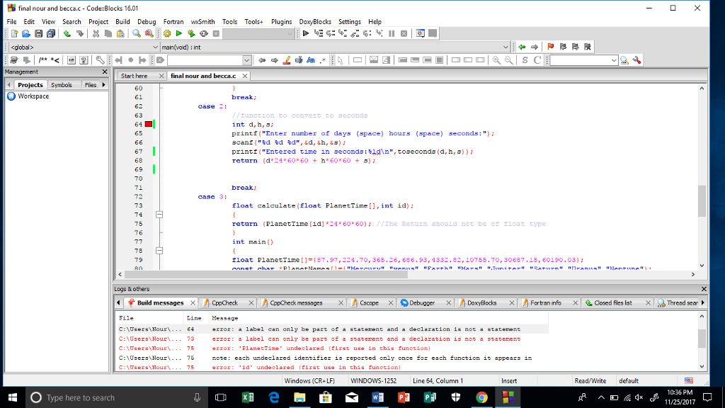 Solved final nour and beccac-Code:Blocks 16.01 File Edit | Chegg.com