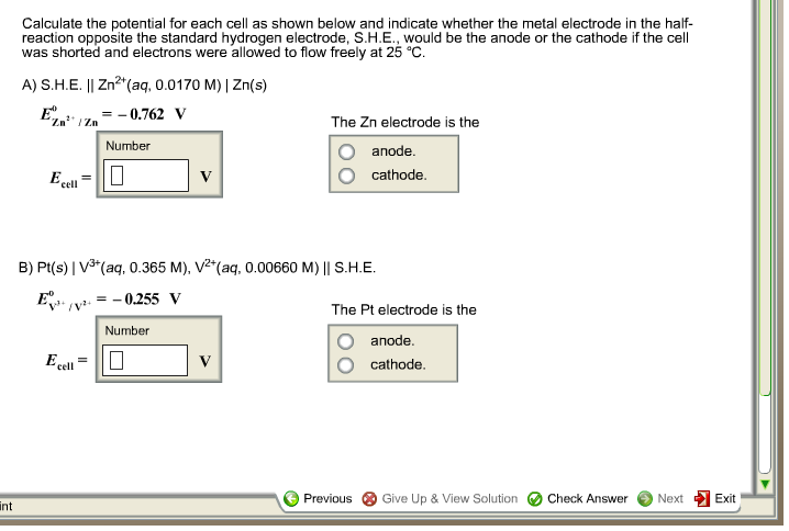 Solved Calculate the potential for each cell as shown below | Chegg.com