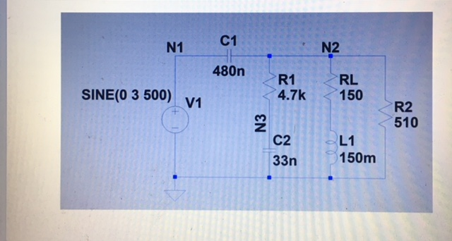 Solved N1 C1 N2 480n R1, RL SINE(O 3 500) v1 P150 4.7k R2 N3 | Chegg.com