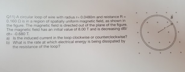 Solved Q11) A circular loop of wire with radius r= 0.0480m | Chegg.com