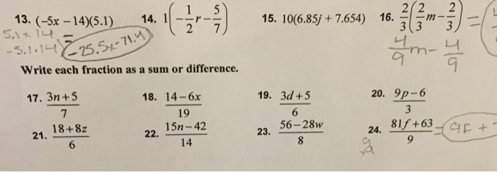 Solved Write each fraction as a sum or difference. 3n + 5/7 | Chegg.com