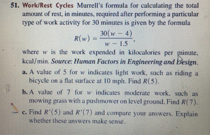 Solved Work/Rest Cycles Murrell's formula for calculating | Chegg.com