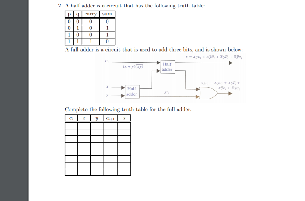 Solved 2. A half adder is a circuit that has the following | Chegg.com