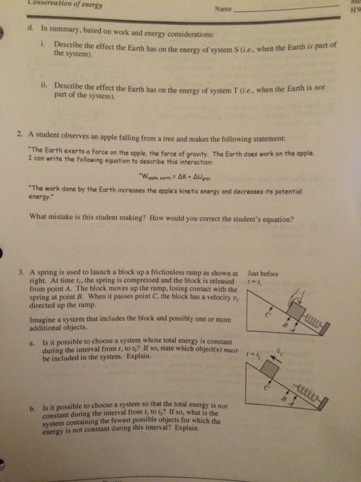 Solved Conservation of energy Name d. In summary, based on | Chegg.com