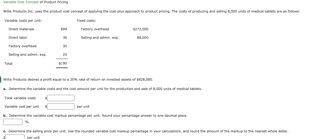 Solved Variable Cost Concept of Product Pricing Willis | Chegg.com
