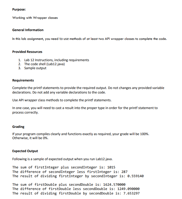 Solved Purpose Working with Wrapper classes General | Chegg.com