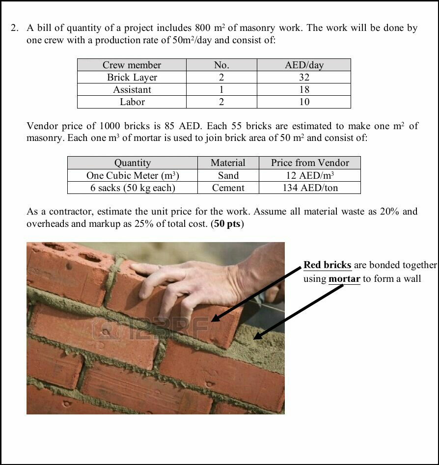 Solved 2. A bill of quantity of a project includes 800 m2 of | Chegg.com