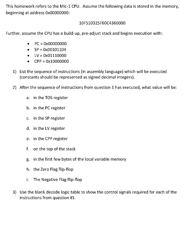 This Homework Refers To The Mic 1 Cpu Assume The