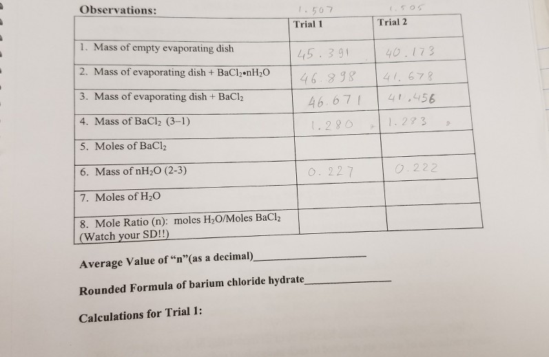 Solved Observations: - 507 Trial I Trial 2 1. Mass of empty | Chegg.com