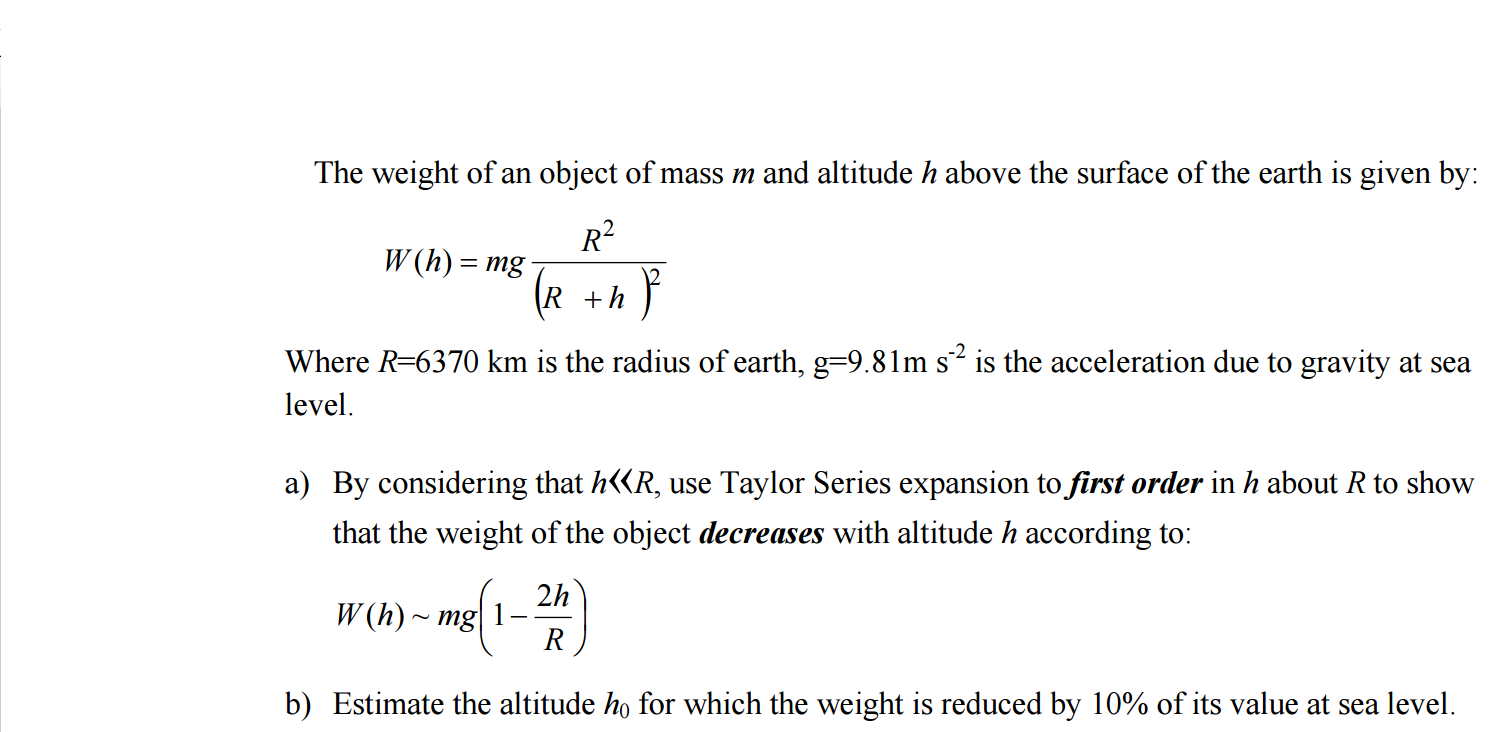 Solved The weight of an object of mass m and altitude h | Chegg.com
