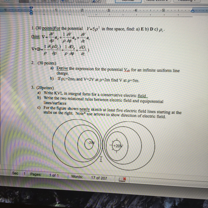 For the potential V = 5 rho^2 in free space, find: | Chegg.com