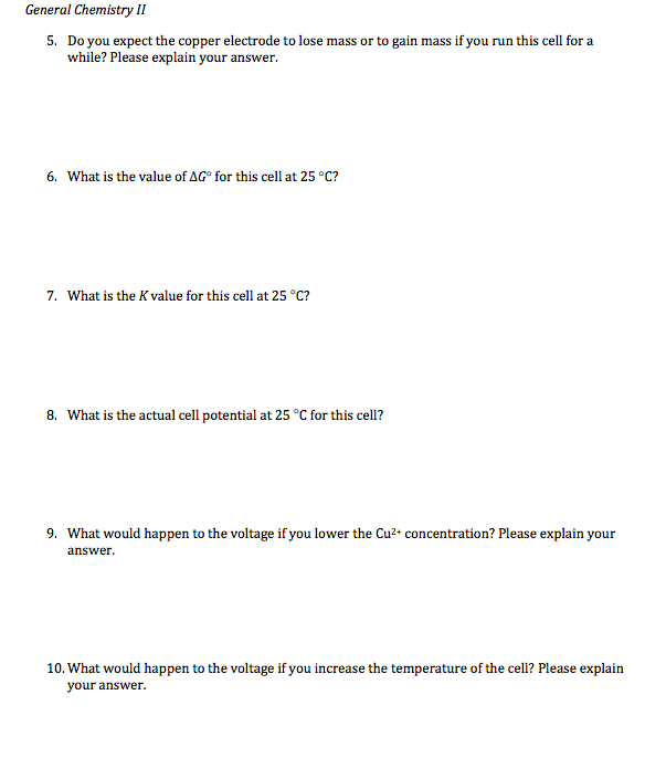 Solved General Chemistry II Workshop 11: Electrochemistry In | Chegg.com