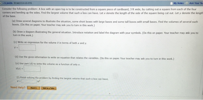 Solved Consider the following problem A box with an open top | Chegg.com