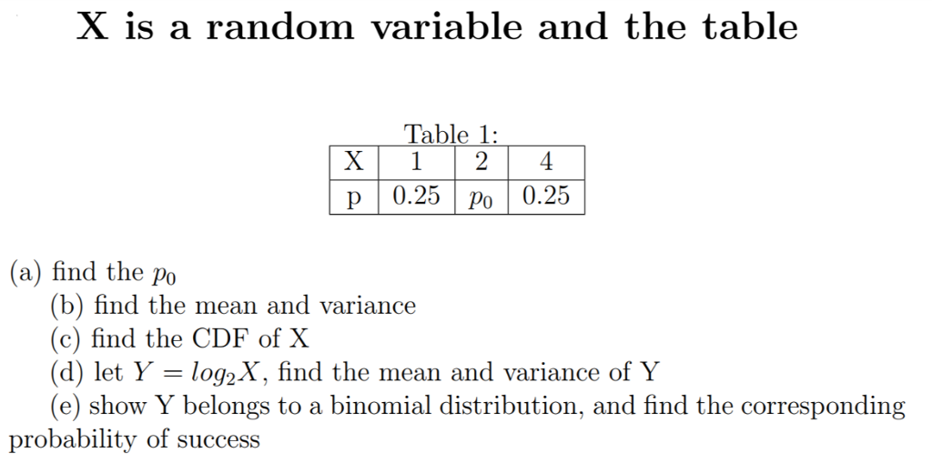 Solved X is a random variable and the table Table 1: X124 p | Chegg.com