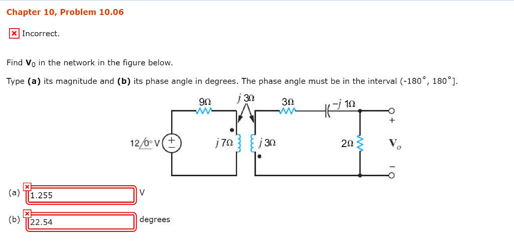 Solved Chapter 10, Problem 10.06 Incorrect. Find Vo in the | Chegg.com