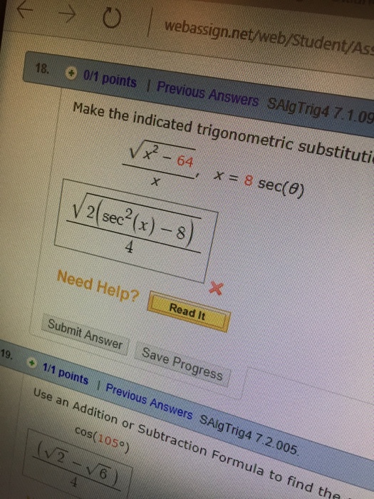 Solved Make the indicated trigonometric substitution | Chegg.com