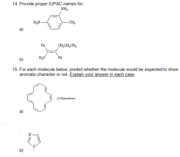 Solved 14. Provide proper IUPAC names for: 15. For each | Chegg.com