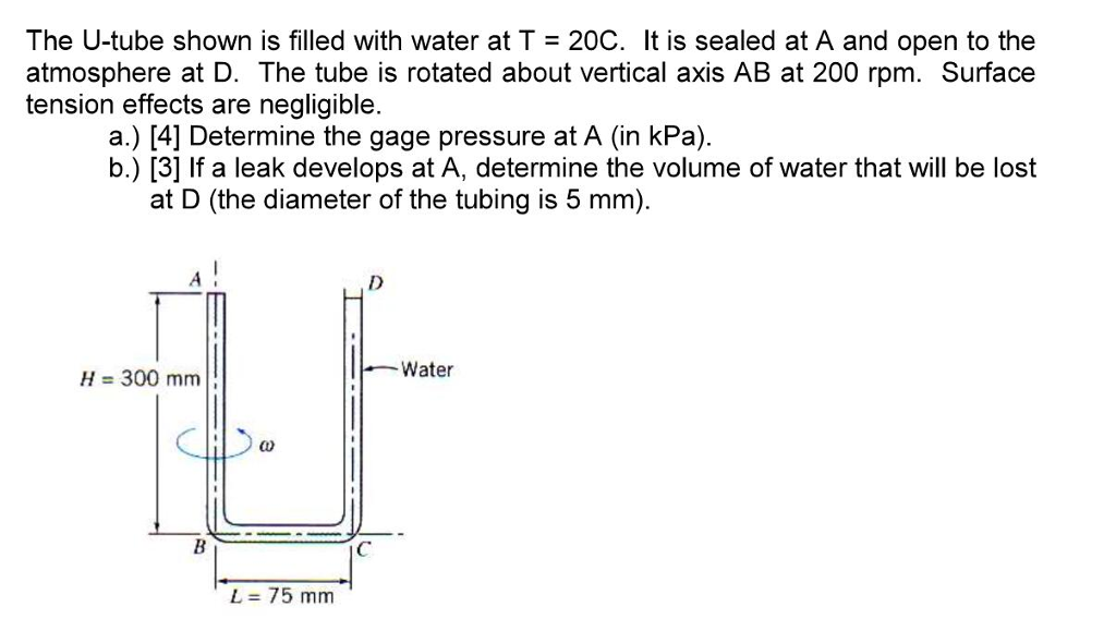 Solved The U-tube shown is filled with water at T = 20C. It | Chegg.com