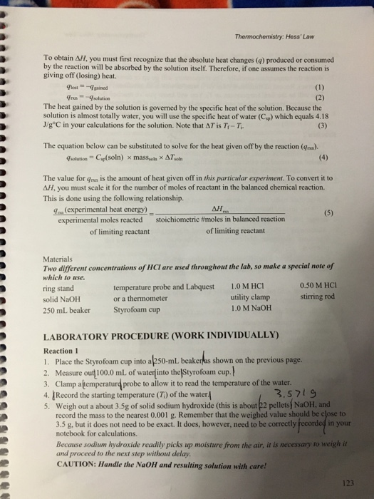 Solved Thermochemistry: Hess Law Experiment 12 | Chegg.com