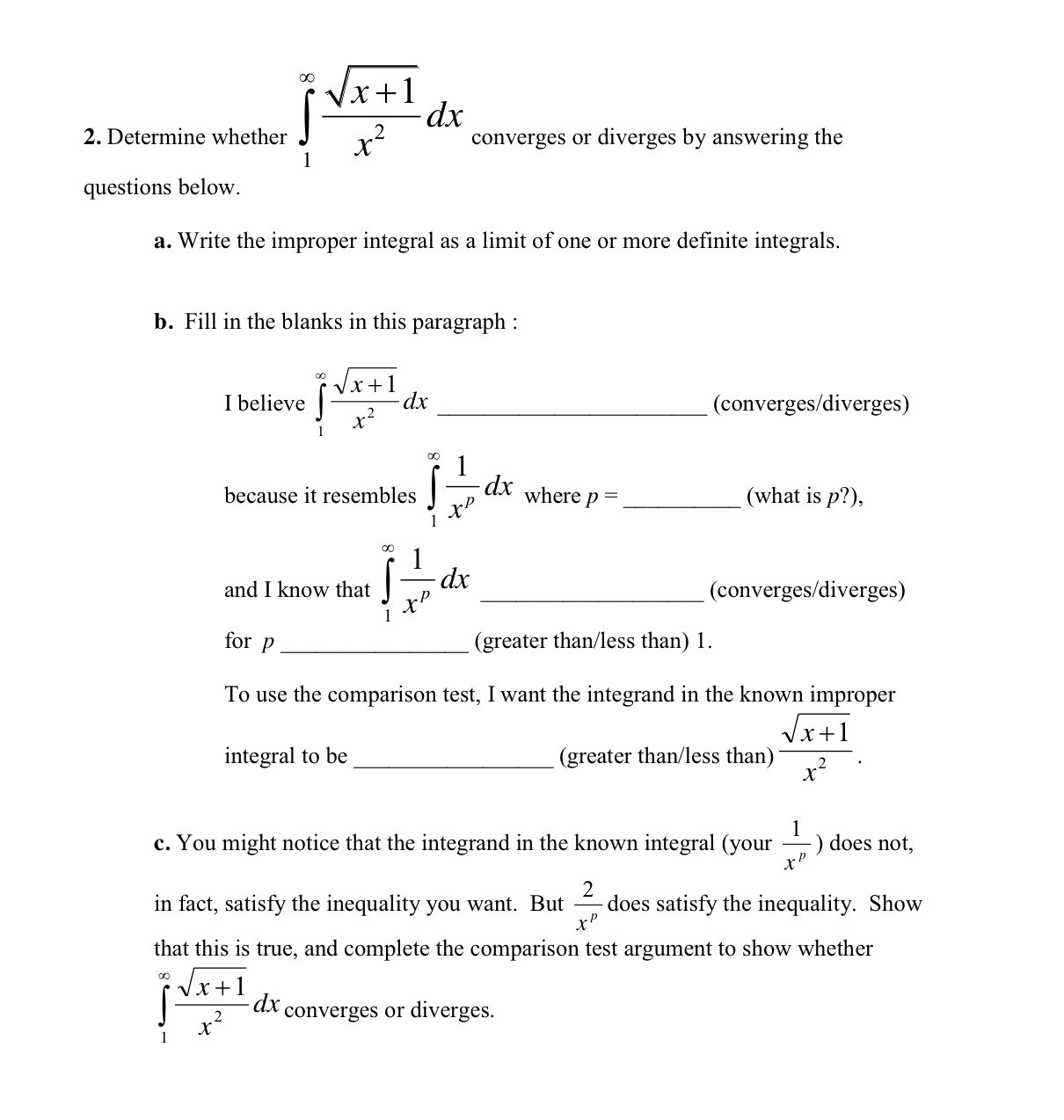Solved 2. Determine whether integrate limit 1 to infinity | Chegg.com