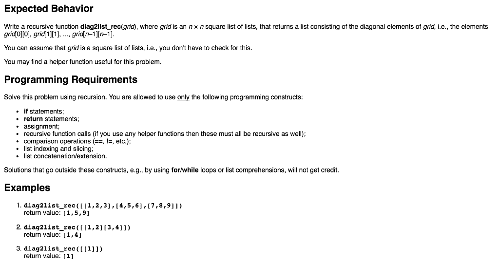 Solved Write A Recursive Function Diag2list Rec Grid Where