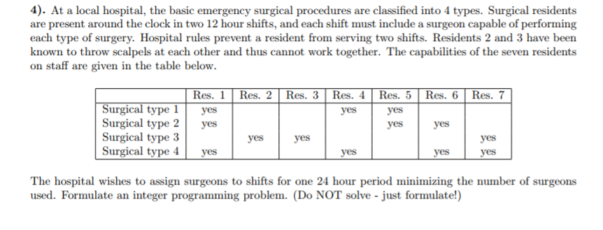 4). At a local hospital, the basic emergency surgical | Chegg.com