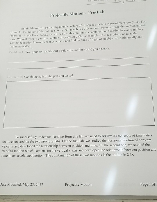 Solved Projectile Motion Pre-Lab In this lab, we will be | Chegg.com