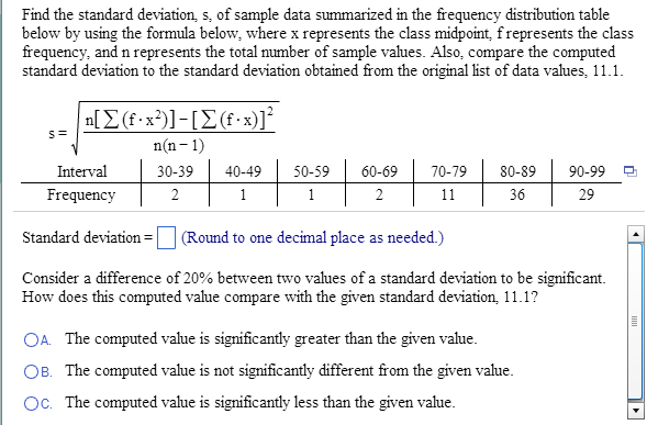 Solved Find the standard deviation, s, of sample data | Chegg.com