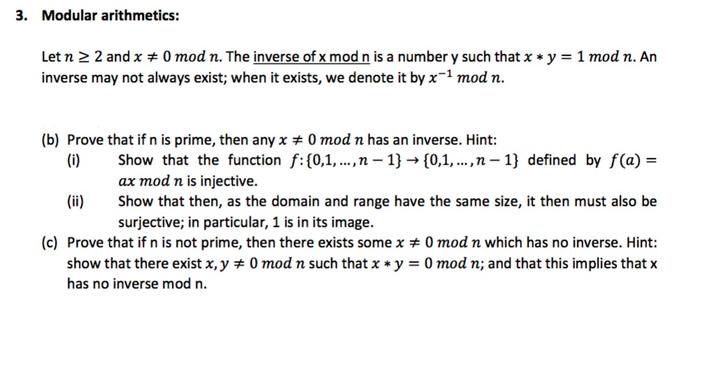 Solved Let n LE 2 and x 0 mod n. The inverse of x mod n is | Chegg.com