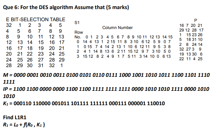 Que 6: For the DES algorithm Assume that (5 marks) E | Chegg.com