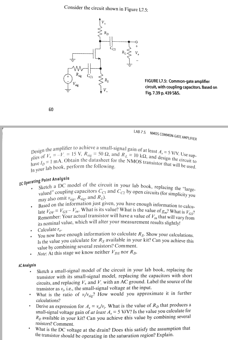 Solved Design the Common-Gate Amplifier circuit in the | Chegg.com