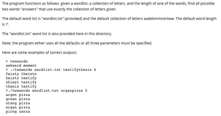 Solved The program functions as follows: given a wordlist, a | Chegg.com
