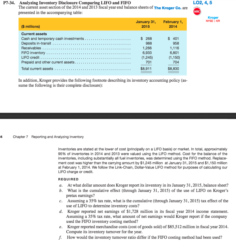 Solved P7-34. Analyzing Inventory Disclosure Comparing LIFO | Chegg.com