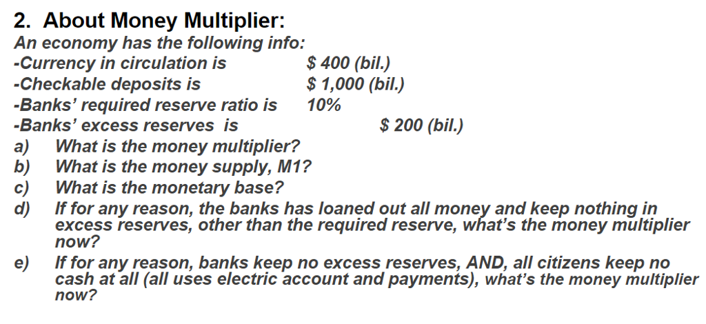 Solved 2. About Money Multiplier: An economy has the | Chegg.com