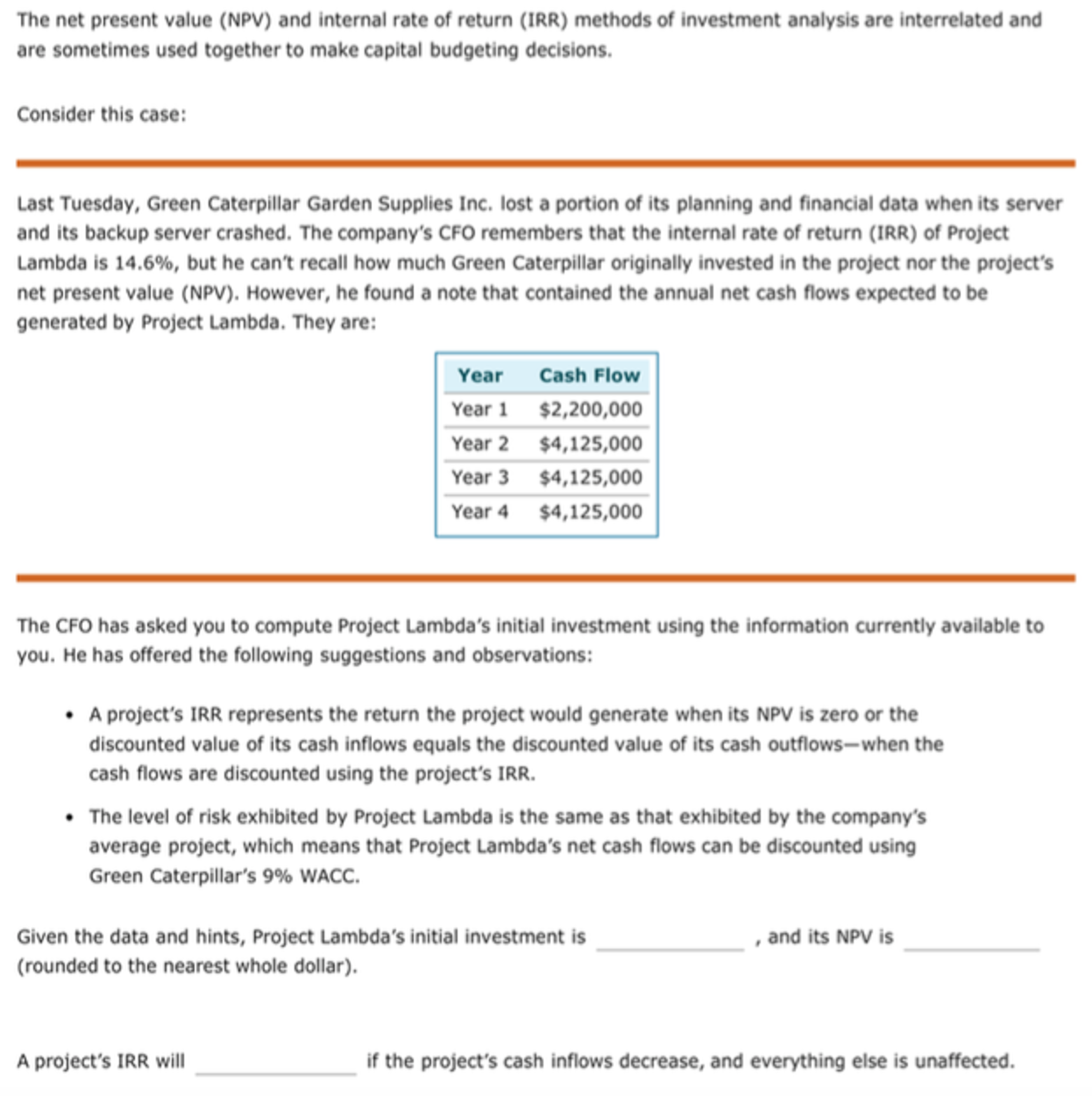 Solved The net present value (NPV) and internal rate of | Chegg.com