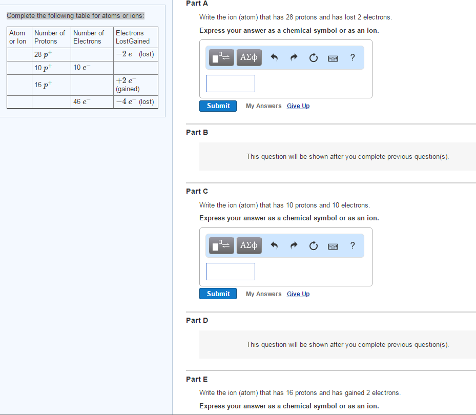 Solved Part A Complete the following table for atoms or | Chegg.com