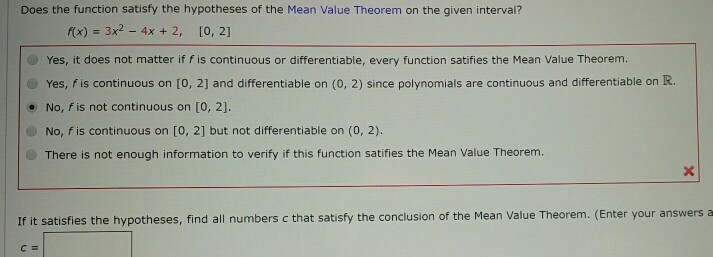 Solved Does the function satisfy the hypotheses of the Mean | Chegg.com