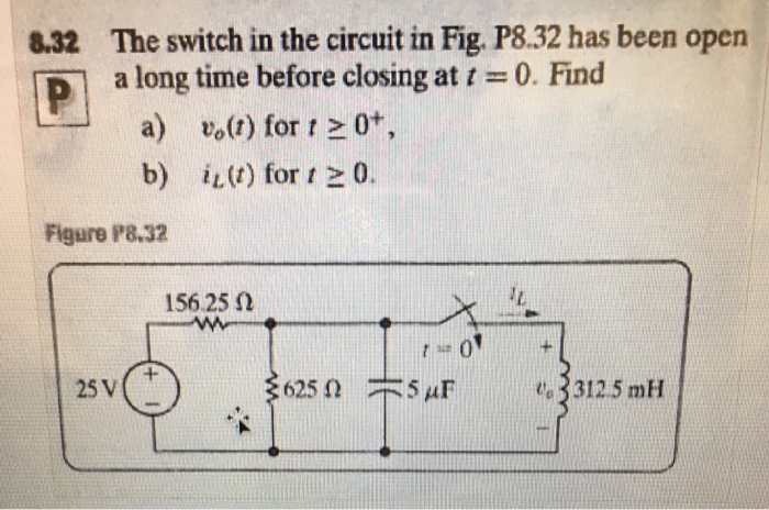 Solved The switch in the circuit in Fig. P8.32 has been open | Chegg.com