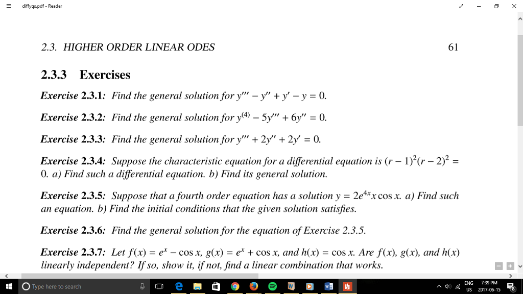 Solved E diffyqs.pdf Reader 2.3. HIGHER ORDER LINEAR ODES 61 | Chegg.com