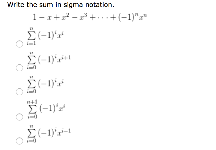 Solved Write the sum in sigma notation. 72 Σ (-1)2 72 | Chegg.com