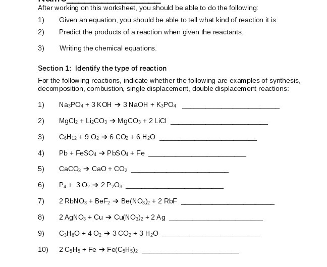 Single Replacement Reaction Worksheet