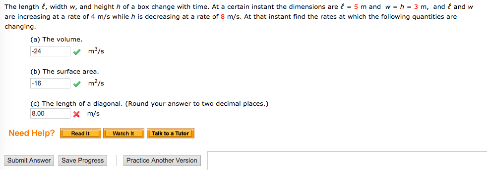 Solved The length l, width w, and height h of a box change | Chegg.com