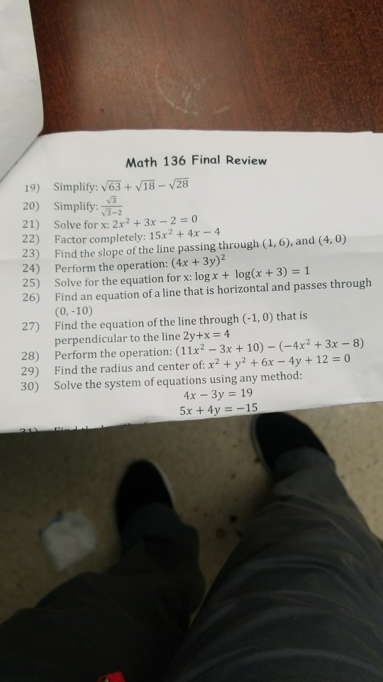 Solved Math 136 Final Revievw Simplify: v63+V18-/28 19) 20) | Chegg.com