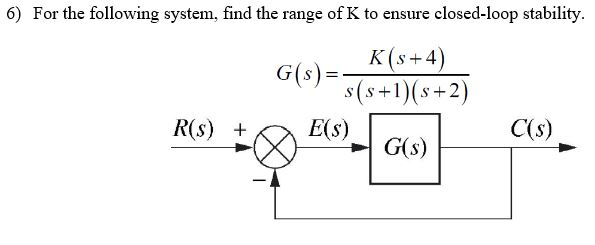 Solved 6) For the following system, find the range of K to | Chegg.com