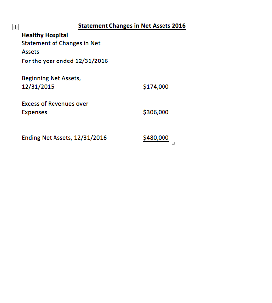 Statement Changes in Net Assets 2016 Healthy Hospital | Chegg.com