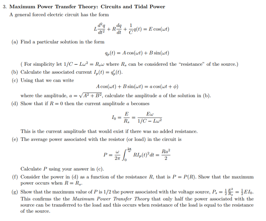 Solved 3. Maximum Power Transfer Theory: Circuits and Tidal | Chegg.com