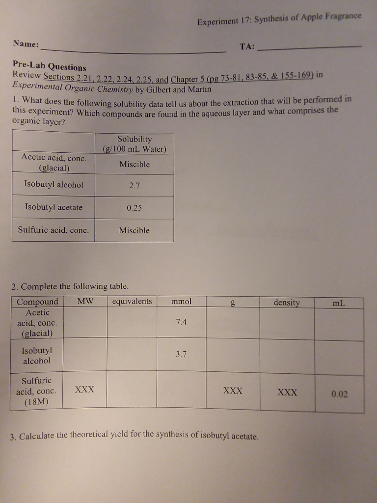 Solved Experiment 17: Synthesis of Apple Fragrance Name: TA: | Chegg.com