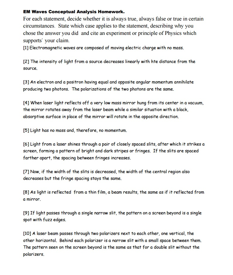 Solved EM Waves Conceptual Analysis Homework. For each | Chegg.com